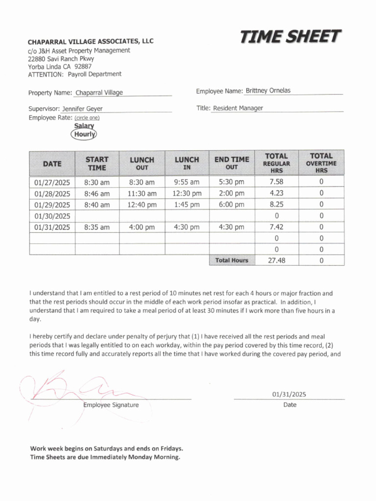 Brittney O - TimeSheet 1.31.2025 | PDF