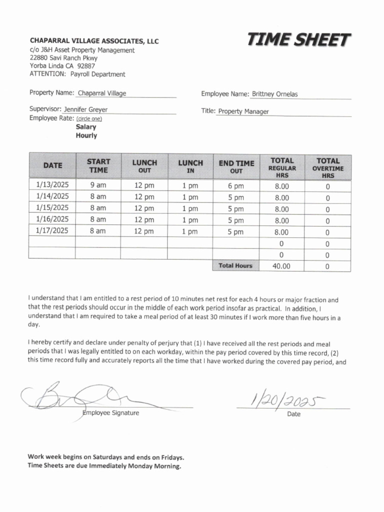 Brittney O - TimeSheet 1.20.2025 | PDF