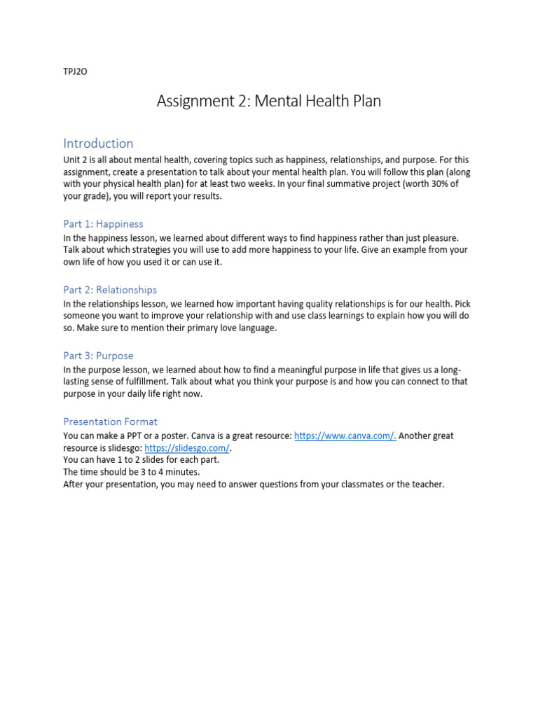 Mental Health Plan Assignment Guide | PDF | Happiness | Knowledge