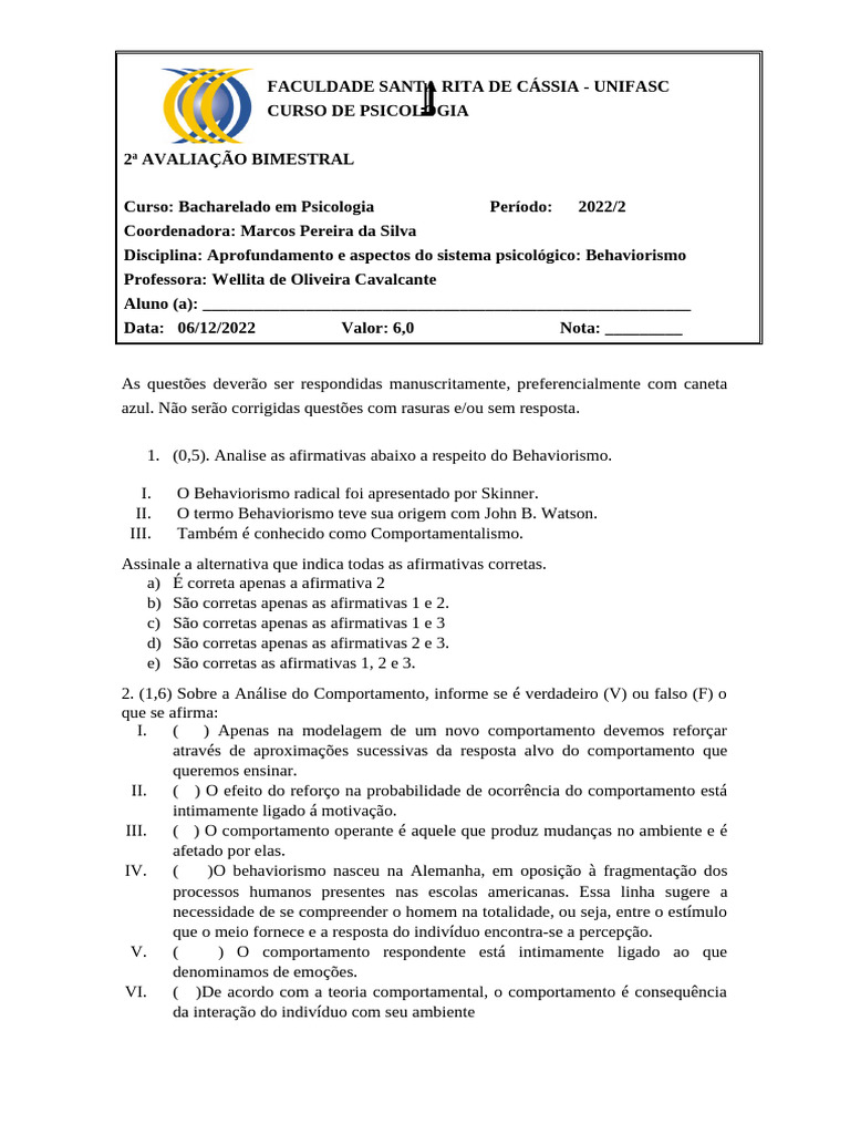 Questões sobre Behaviorismo e Comportamento | PDF | Comportamento | Behaviorismo