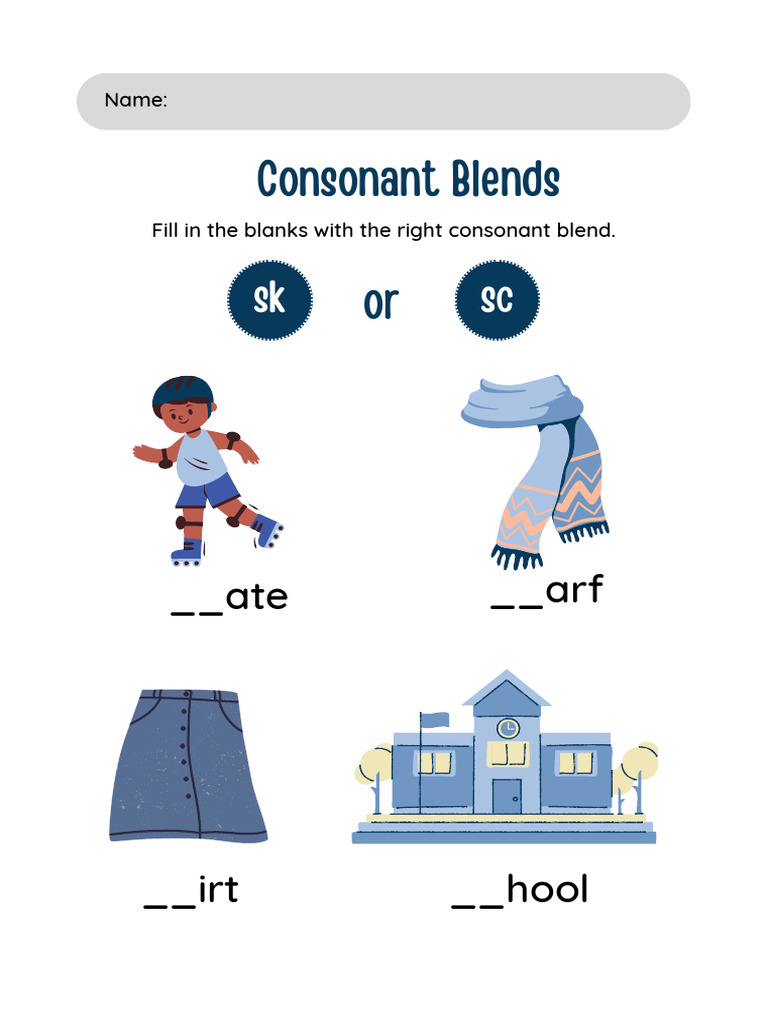 Blue Illustrative Consonant Blends English Worksheet Printable | PDF