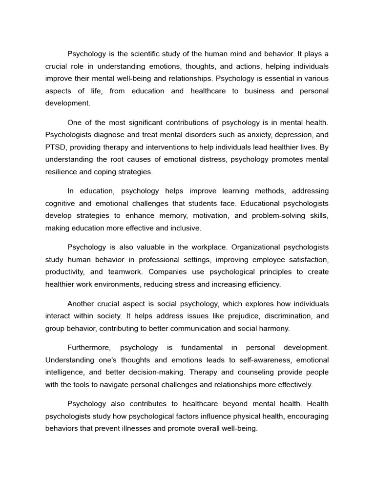 Psychology Is The Scientific Study of The Human Mind and Behavior. It ...