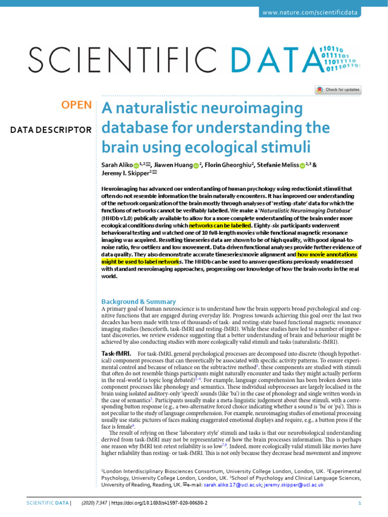 Naturalistic Neuroimgaing Database - 2020 - Aliko et al | PDF | Functional Magnetic Resonance ...
