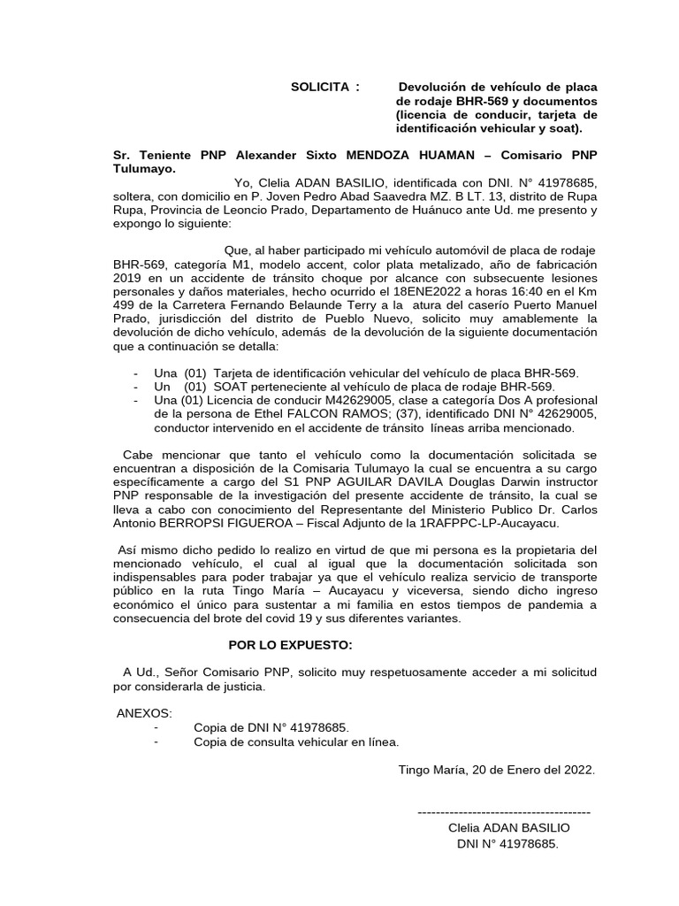 Solicitud de Devolución de Vehículo y Documentos | PDF | Transporte