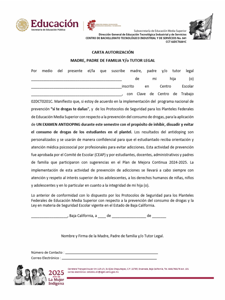 Carta Autorización Madre, Padre de Familia Y/O Tutor Legal: "Si Te Drogas Te Dañas | PDF