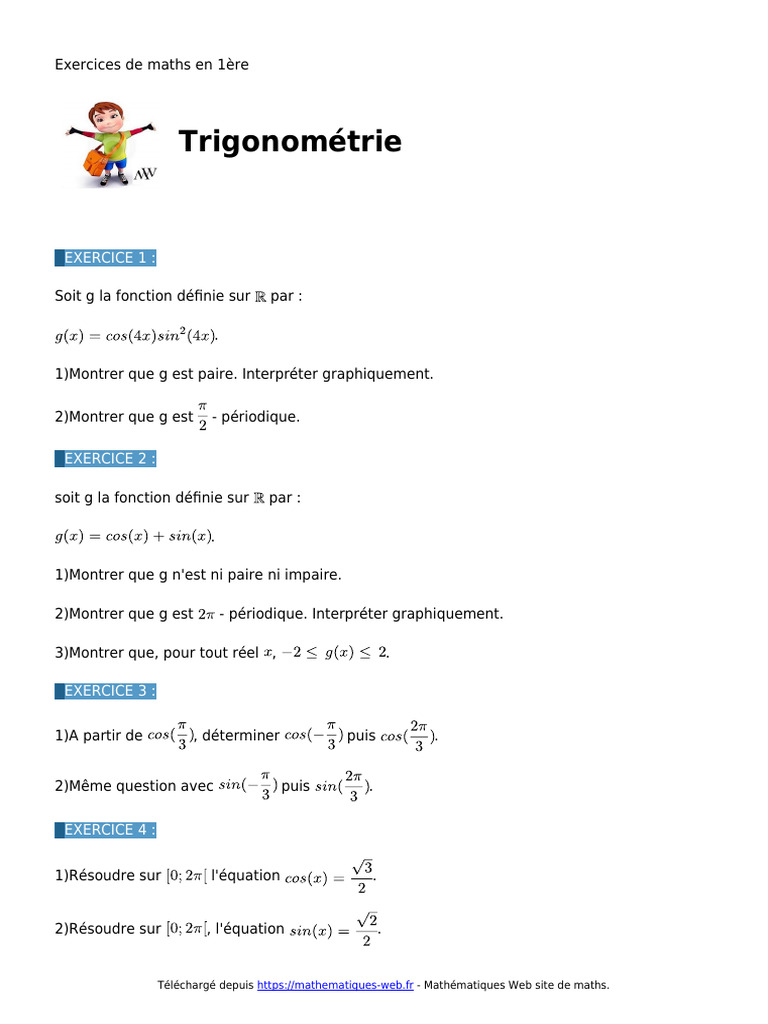 Exercices de Trigonométrie en 1ère | PDF | Fonction (Mathématiques ...