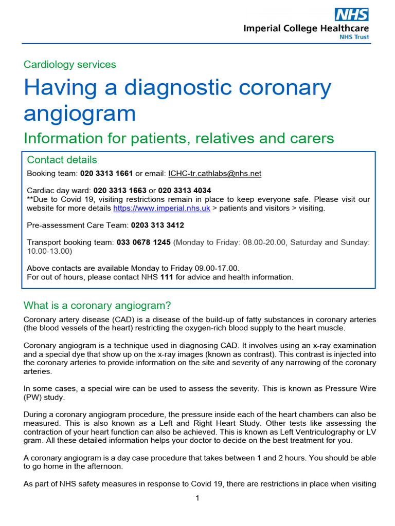 Coronary Angiogram Patient Guide | PDF | Angiography | Coronary Circulation