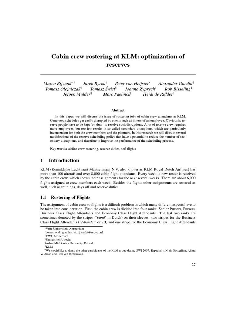 Cabin Crew Rostering at KLM Optimization of Reserves | PDF | Flight ...