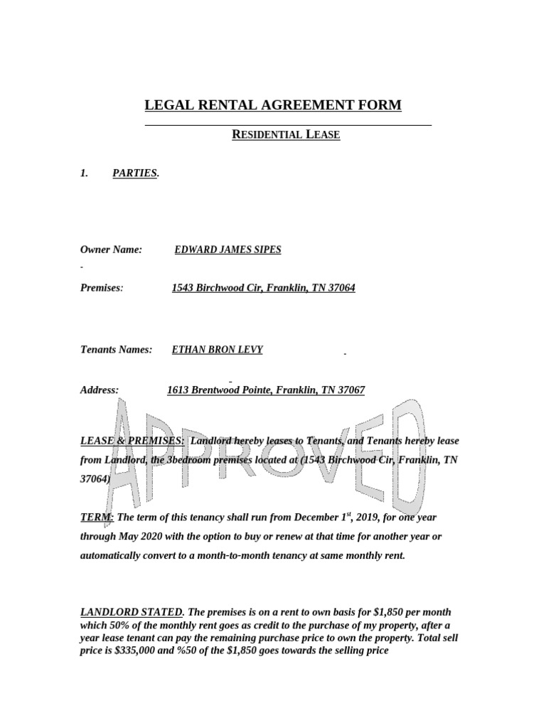 Legal Rental Agreement Form. | PDF | Leasehold Estate | Lease