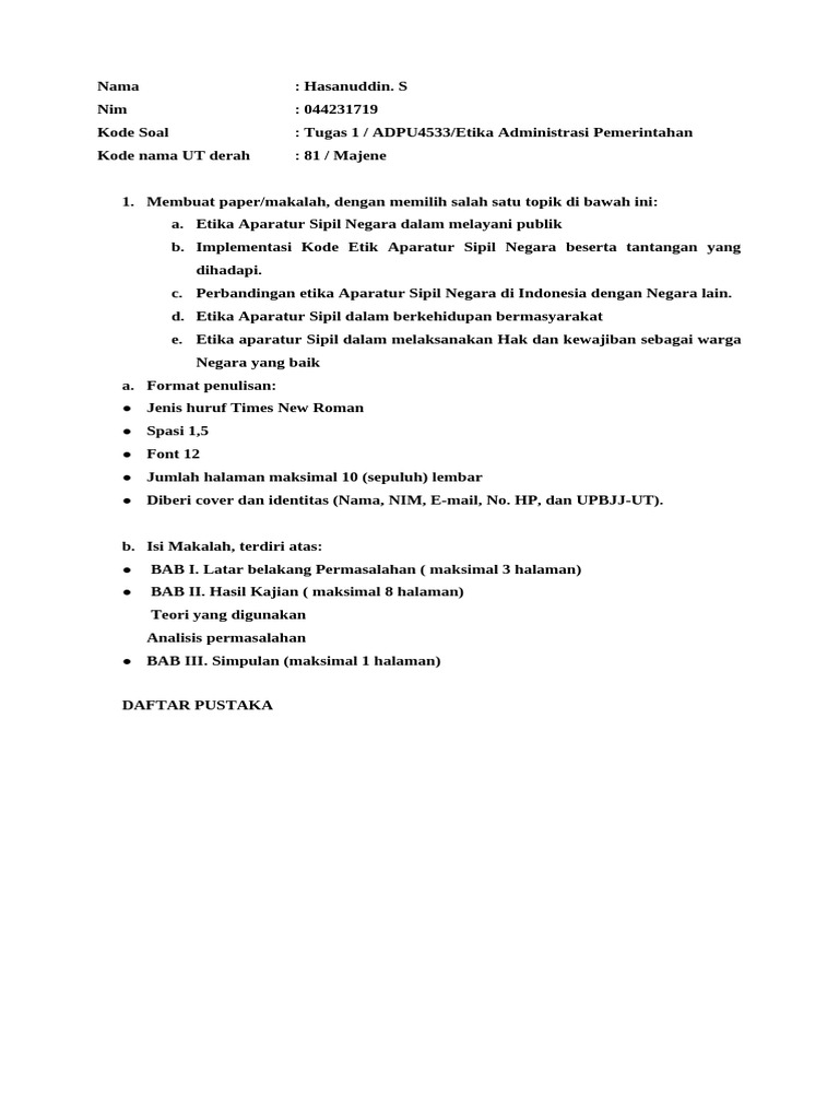 Tugas 1 - ADPU4533 - Etika Administrasi Pemerintahan | PDF