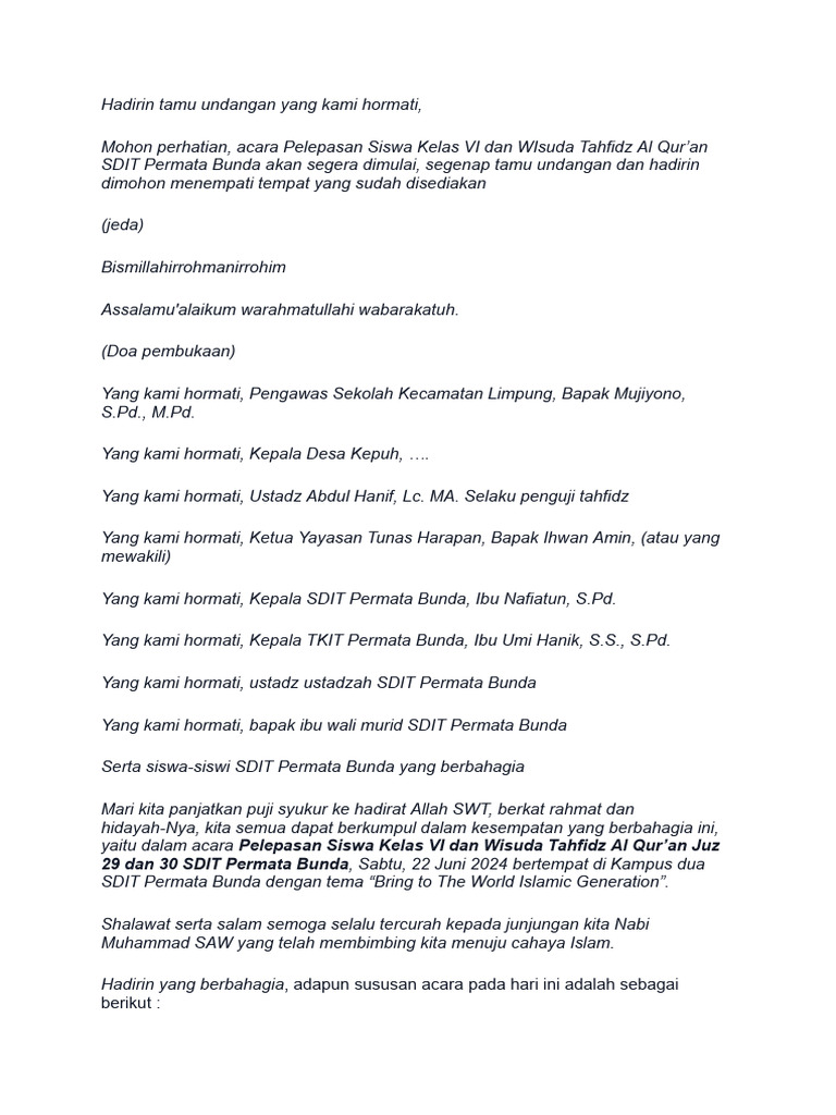 Naskah MC Wisuda SDIT 2024 | PDF