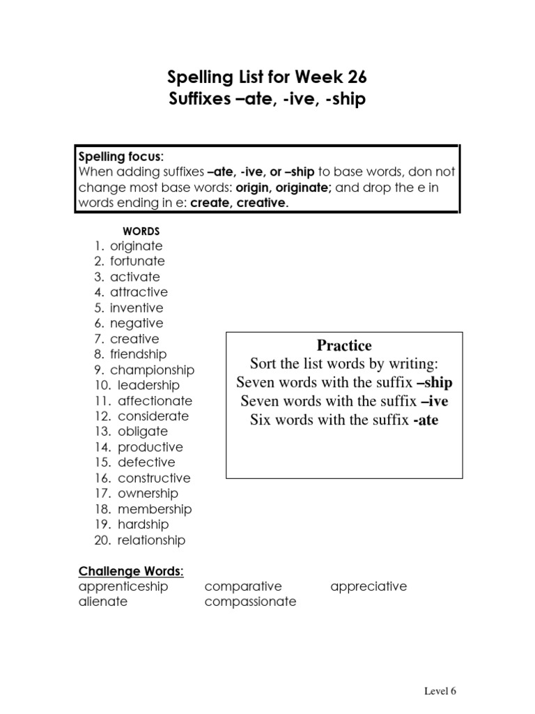 Spelling List For Week 26 - Level 6 | PDF