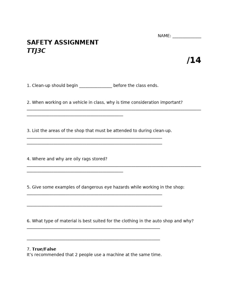 Auto Shop Safety Assignment | PDF