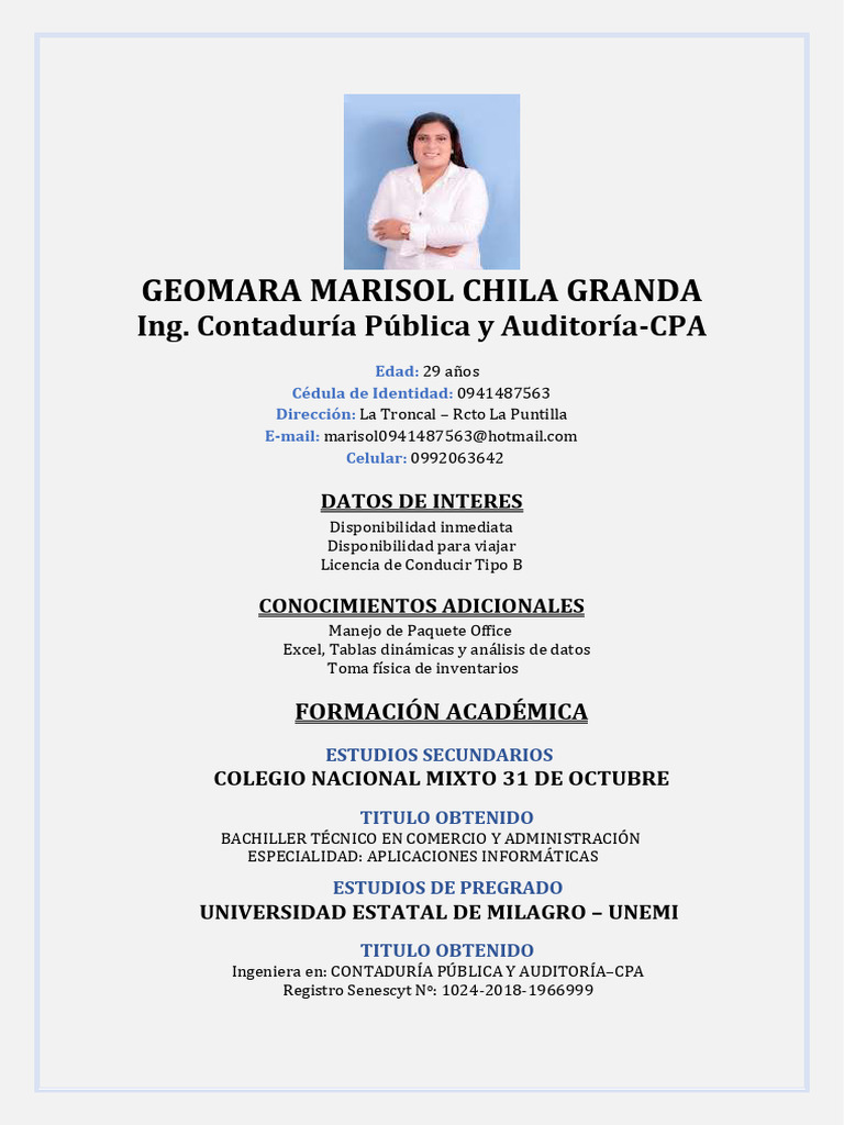 CV - GEOMARA MARISOL CHILA GRANDA - Ing CPA - La Troncal | PDF | Impuestos | Contabilidad