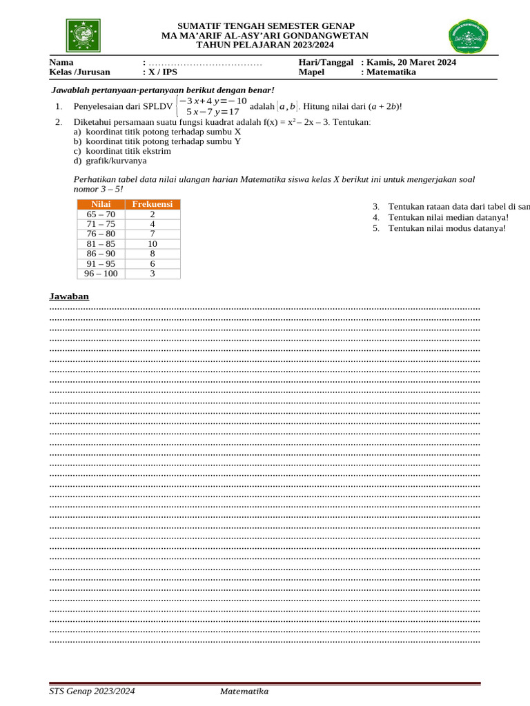 Soal PTS MTK X | PDF