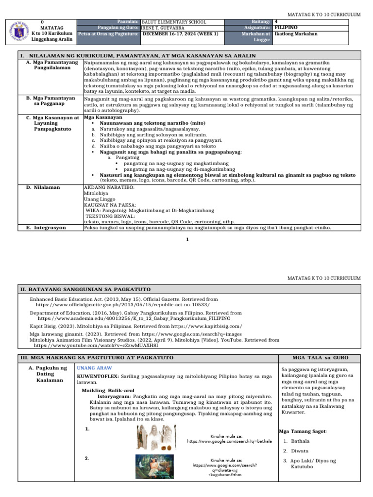 DLL Matatag - Filipino 4 Q3 W1 | PDF
