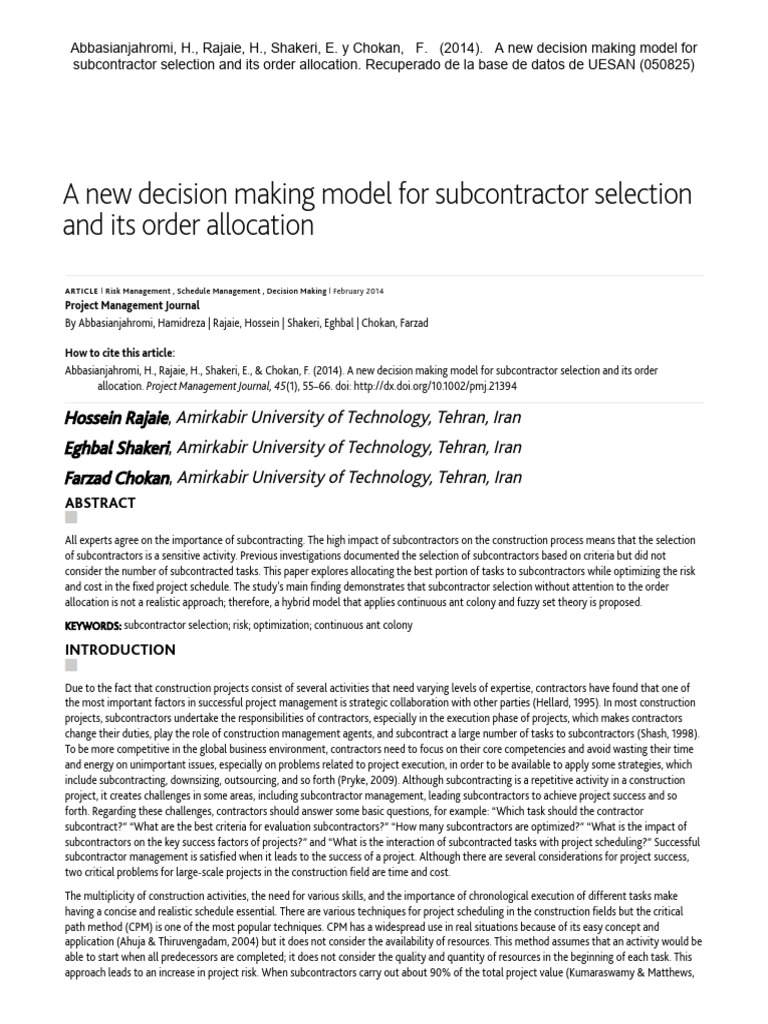 A New Decision Making Model For Subcontractor Selection and Its Order ...