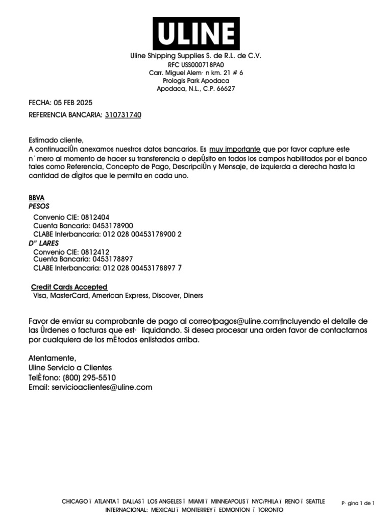 Uline Payment Letter 31073174 | PDF