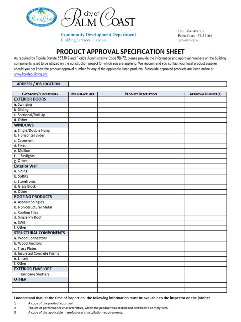 product-approval-spec-sheet | PDF