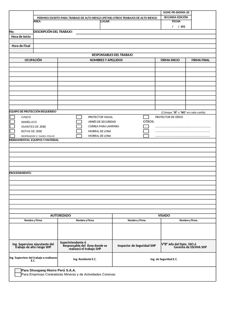 Permiso para Trabajo de Alto Riesgo | PDF