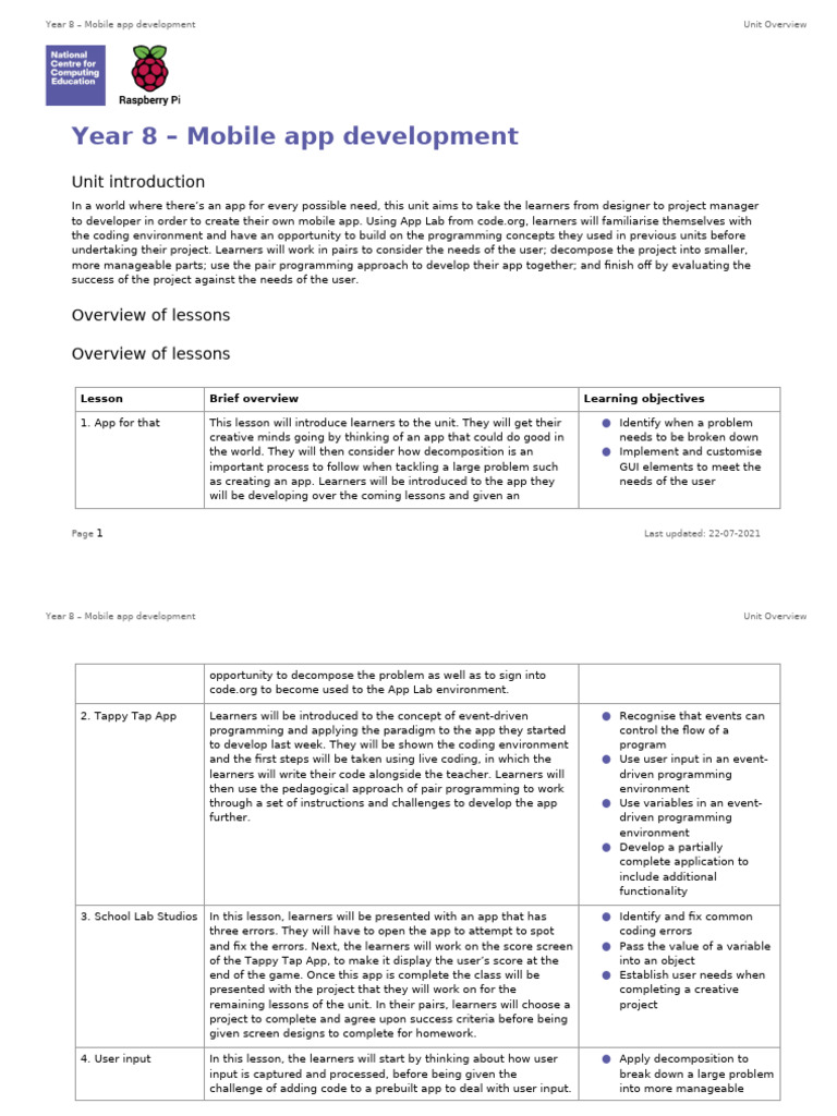 Unit Overview - Mobile App Development - Y8 | PDF | Educational Assessment | Computer Programming