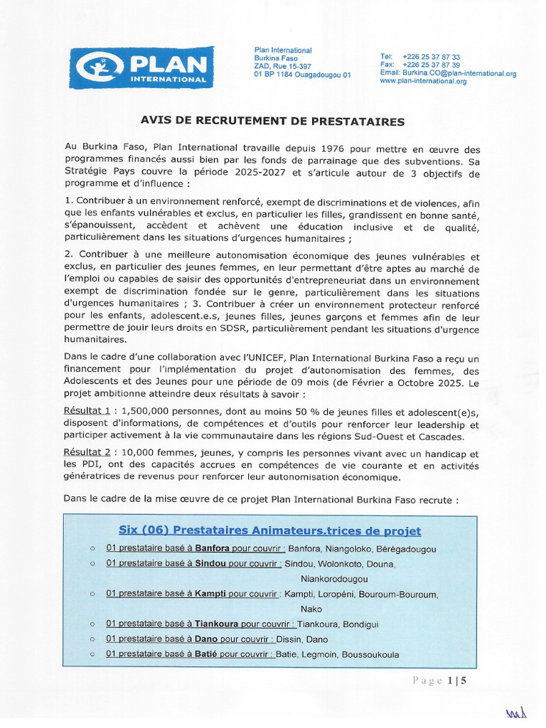 Avis de Recrutement Local de 06 Prestataires Animateurs.trices Et 02 Prestataires Superviseurs ...