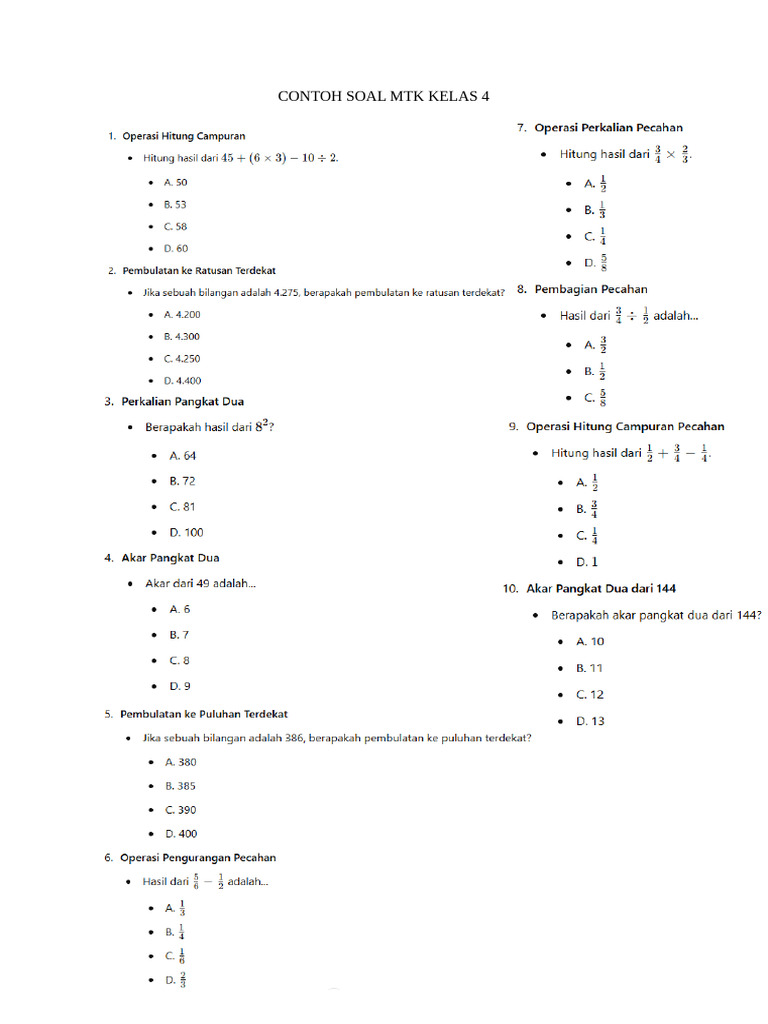 CONTOH SOAL MTK KELAS 4 | PDF