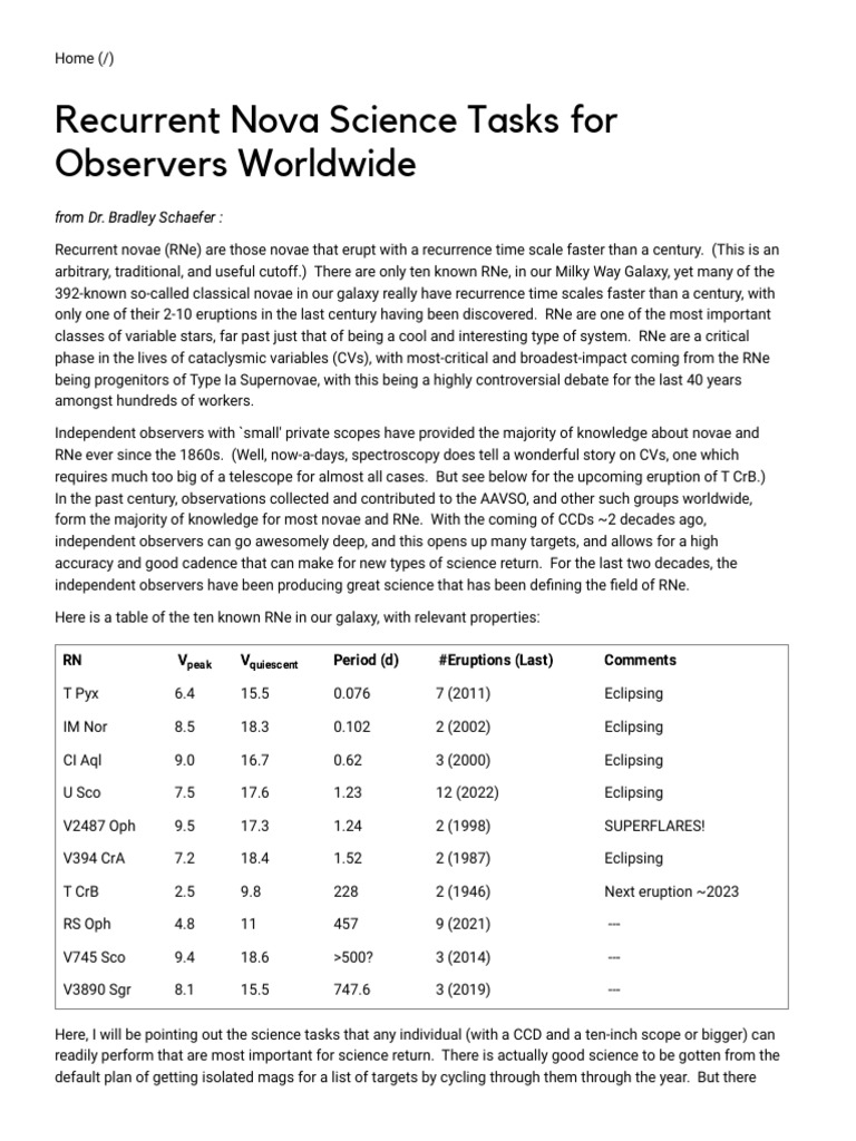 Recurrent Nova Science Tasks For Observers Worldwide - Aavso | PDF ...