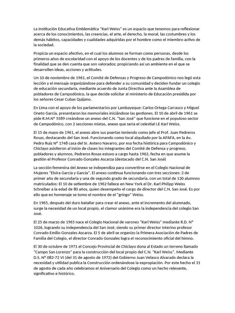 Historia del Colegio Karl Weiss Chiclayo | PDF
