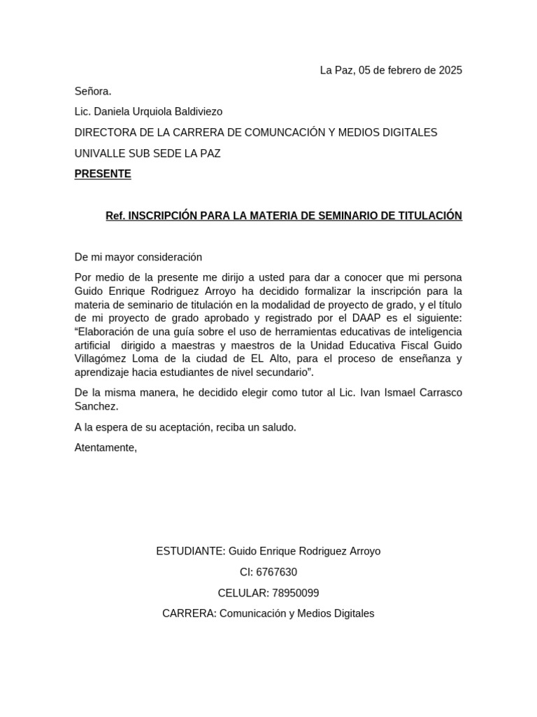 Carta de Inscripci N 2025 | PDF