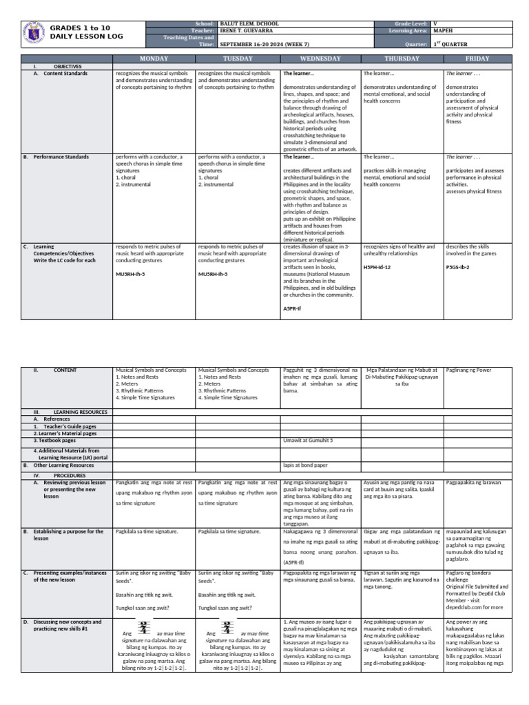 DLL_MAPEH 5_Q1_W4 | PDF