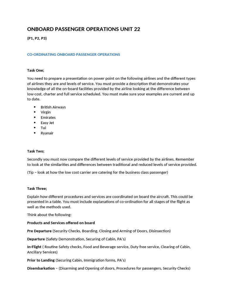 ONBOARD PASSENGER OPERATIONS UNIT 22 Task p1, p2, p3 | PDF