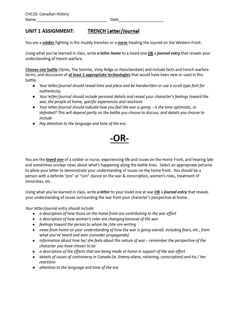 Trench Warfare Letter Assignment | PDF | Trench Warfare | Home Front ...