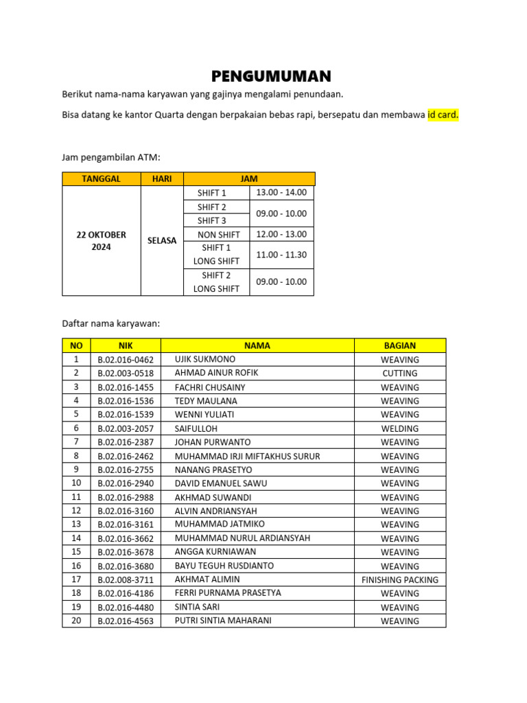 Daftar Nama Karyawan Hold Gaji | PDF