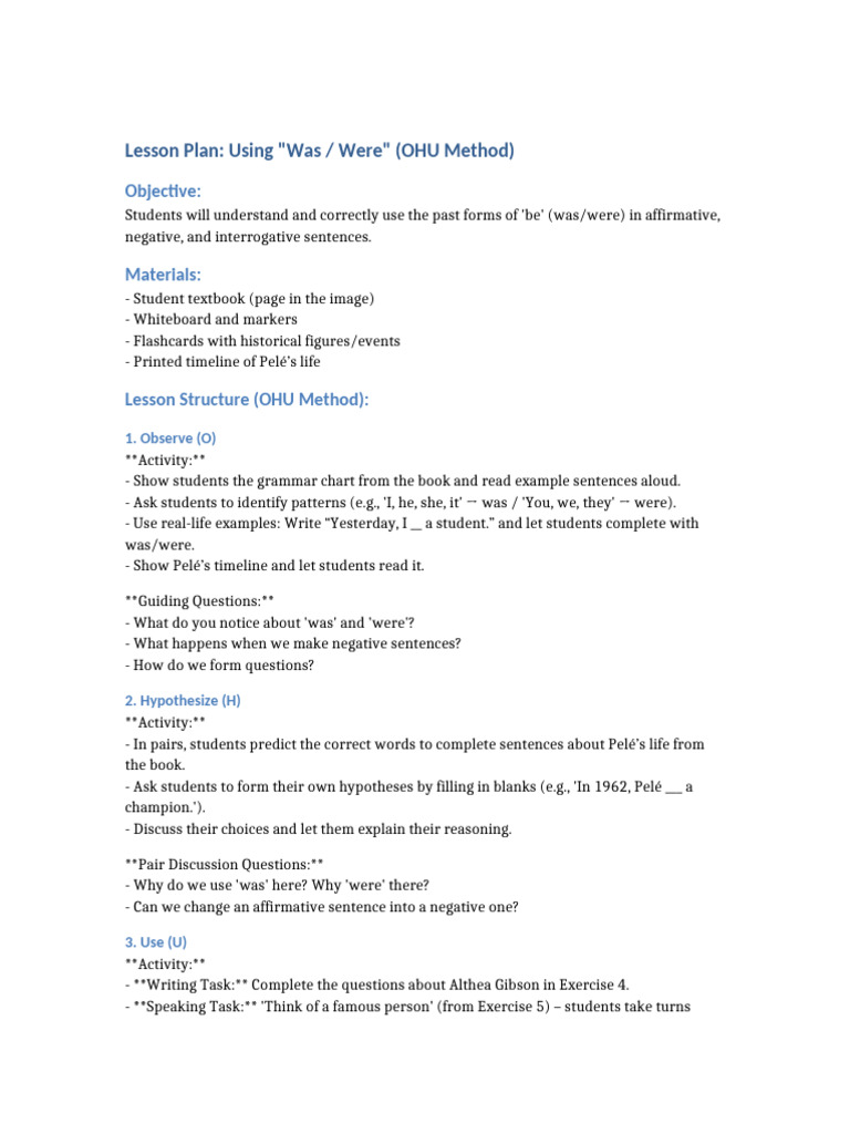 OHU Lesson Plan Was Were | PDF