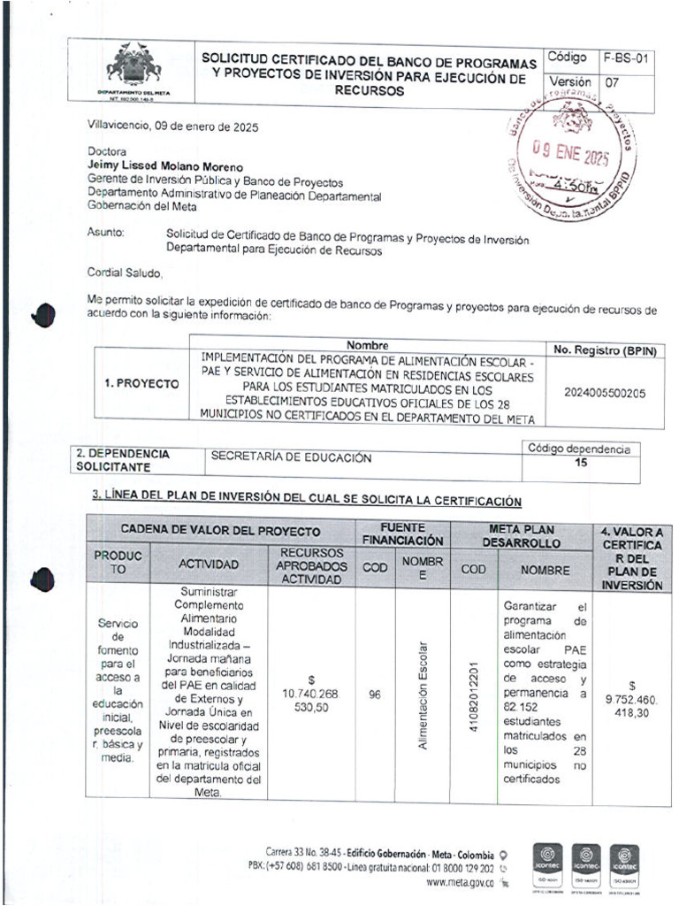 Certificado de Banco de Programas y Proyectos | PDF