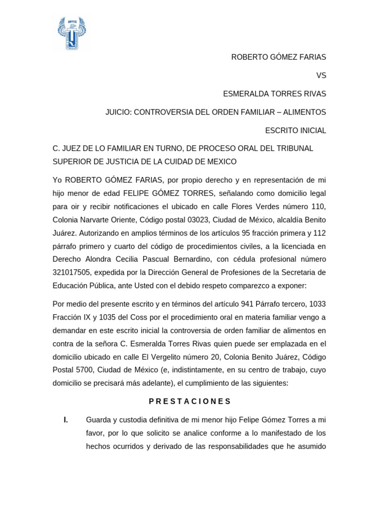 Escrito Inicial de Demanda Alimentos Ceci | PDF | Pensión alimenticia