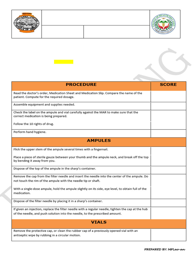 Vial and Ampule Preparation Checklist | PDF | Syringe | Medicine