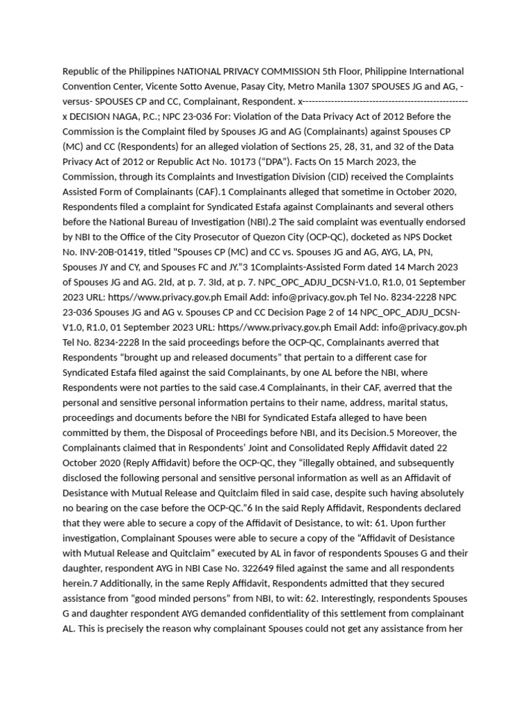 Republic of The Philippines NATIONAL PRIVACY COMMISSION 5th Floor | PDF ...