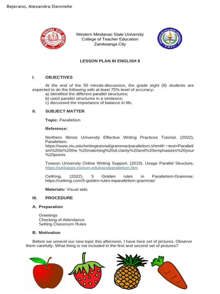 Grade 8 Lesson Plan On Parallelism | PDF | Phrase | Sentence (Linguistics)