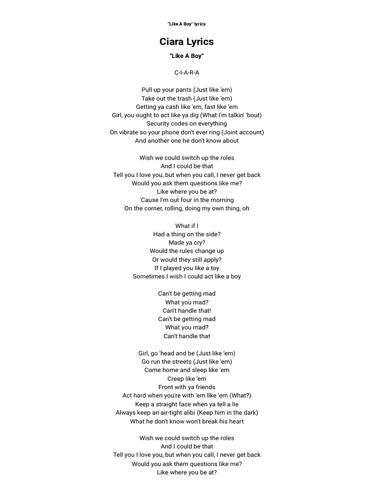 Ciara's "Like A Boy" Lyrics Analysis | PDF