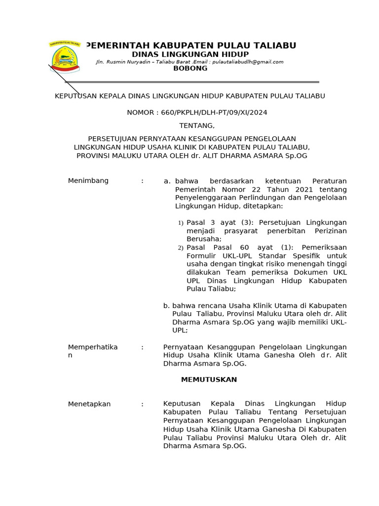 Pernyataan Dan PKPLH Klinik Ganesha UTAMA | PDF