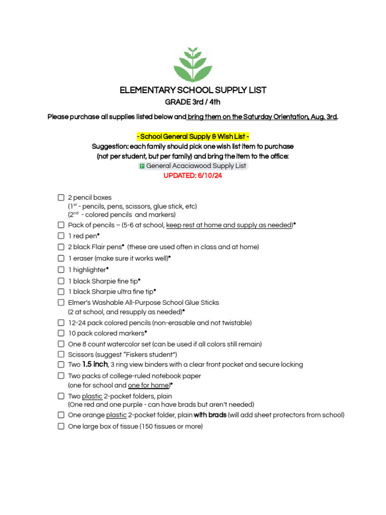 Grade 3-4 School Supply List 2024 | PDF | Writing Implements | Stationery