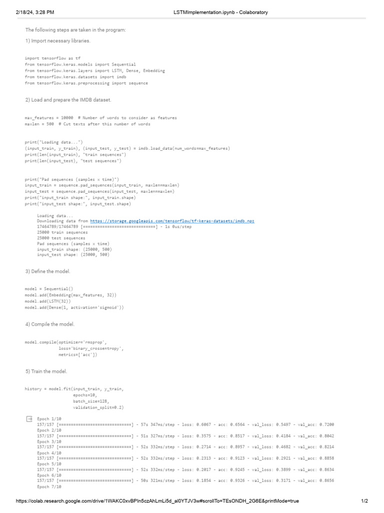 LSTMImplementation - Ipynb - Colaboratory | PDF | Learning | Algorithms