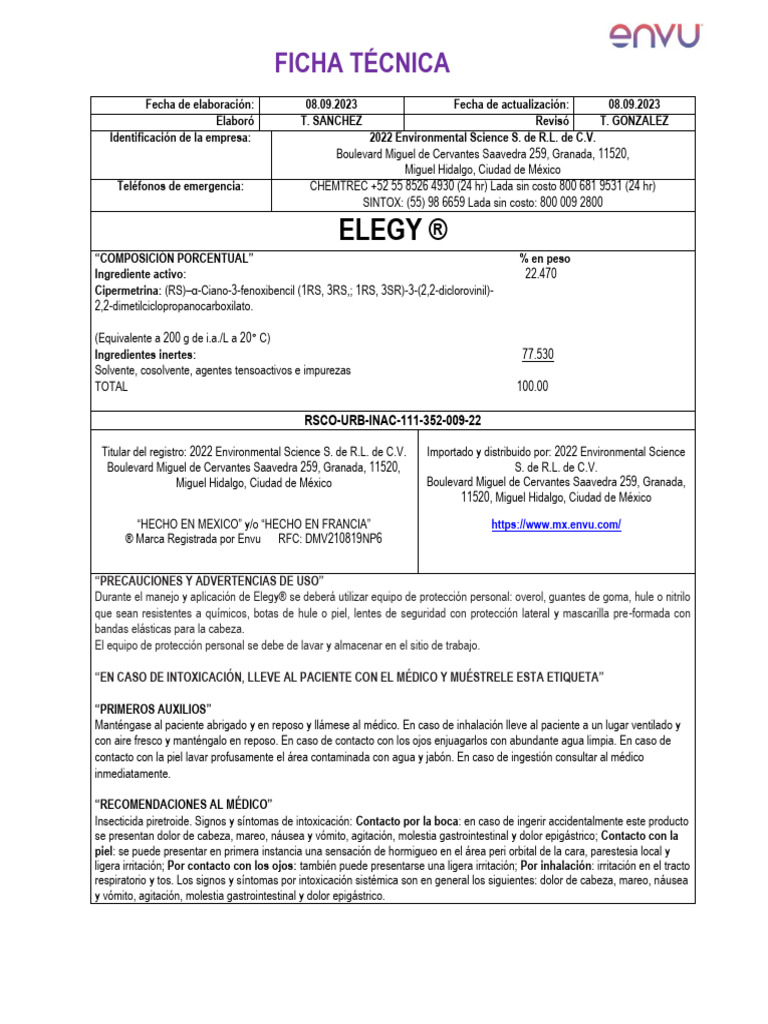 Ficha Tcnica Elegy - Pco - 2023 - V1 | PDF | Hormiga | Vómitos