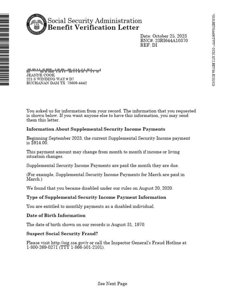 Benefit Verification Letter | PDF