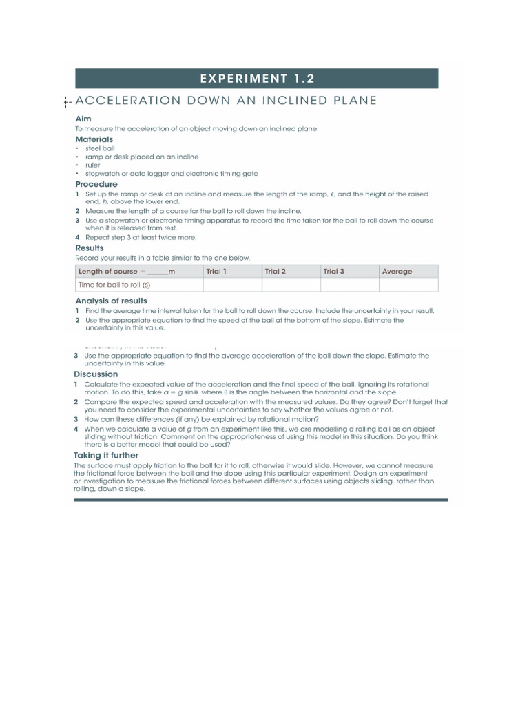 Practical Acceleration Down An Inclined Plane | PDF