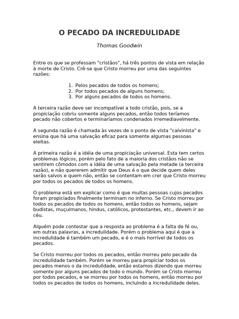 A Incredulidade e a Morte de Cristo | PDF | Pecado | Salvação