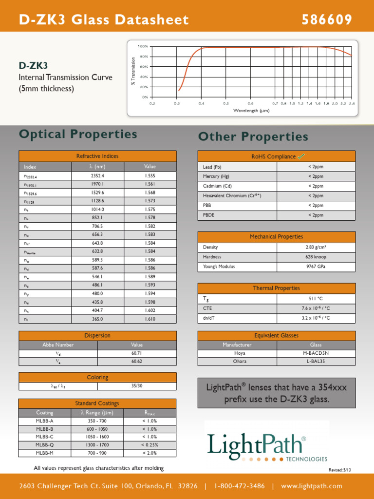 D-ZK3 Glass Datasheet 586609: Optical Properties Other Properties | PDF