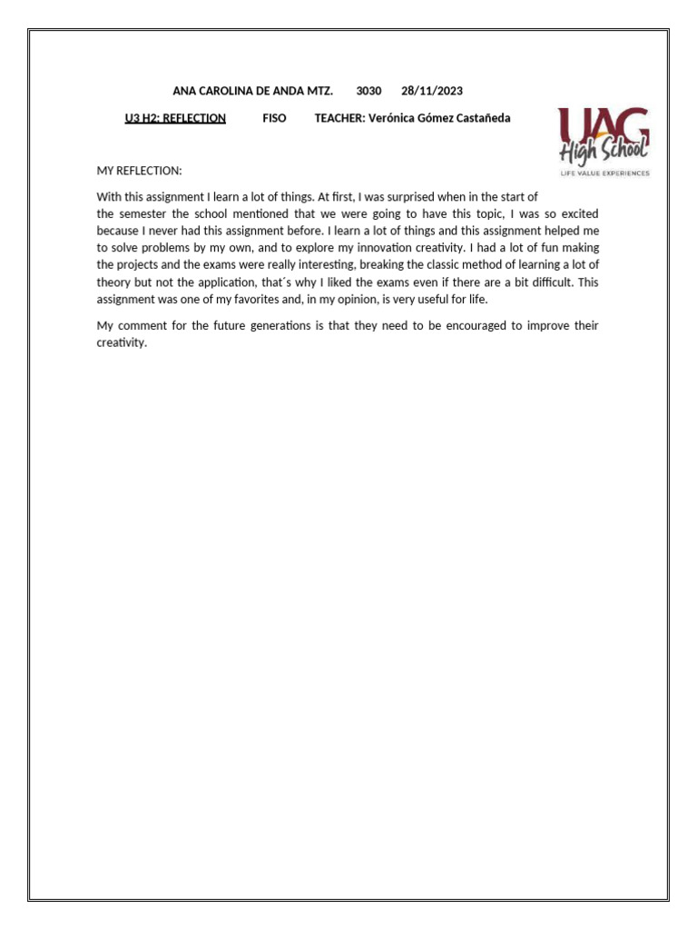 U3 H2 Reflection | PDF